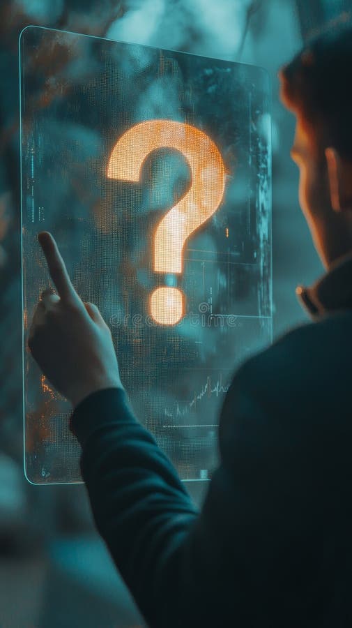 Person Pointing at a Glowing Question Mark on a Transparent Digital ...