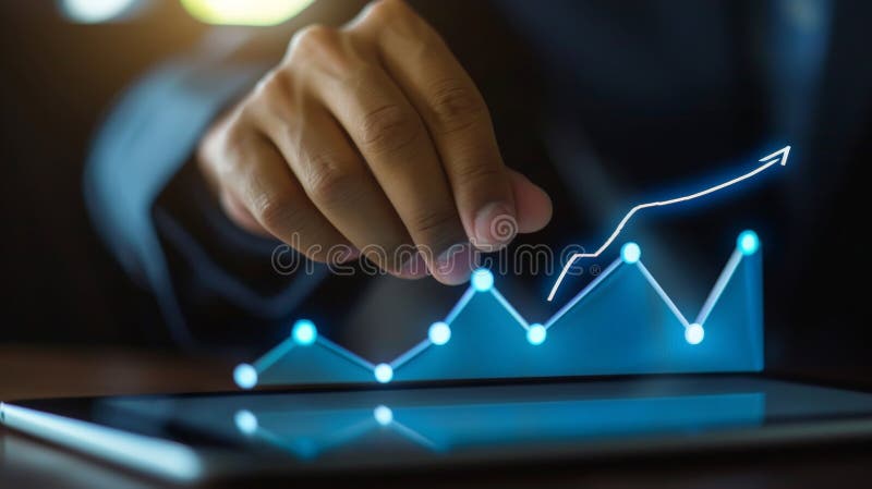 A Person is Pointing at a Graph on a Tablet Which Shows a Line Going Up ...