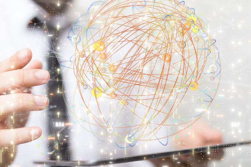 Person Pointing at a Network of Data with Connecting Dots Stock ...