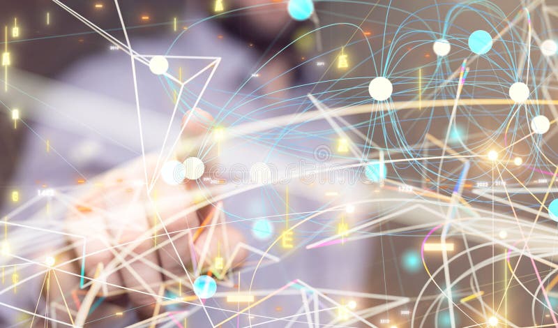Person Pointing at a Network of Data with Connecting Dots Stock ...