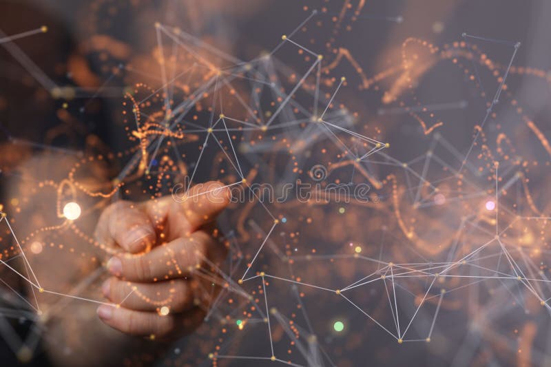 Person Pointing at a Network of Data with Connecting Dots Stock ...