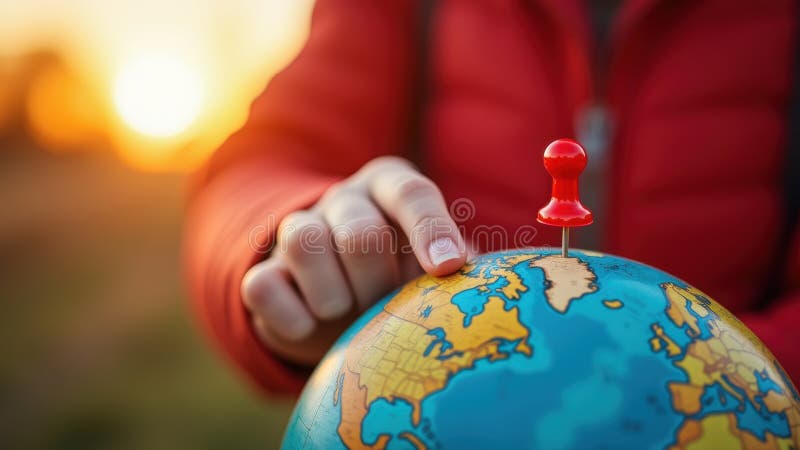Person is Pointing at a Red Pin on a Globe Stock Photo - Image of hold ...