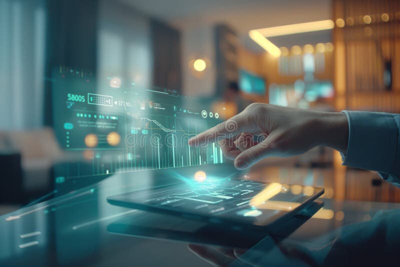 A Person is Pointing at a Screen with a Green and Blue Background Stock ...