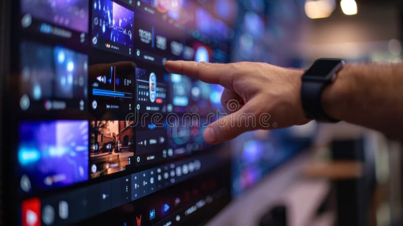 A Person is Pointing at a Series of Television Screens Arranged in a ...