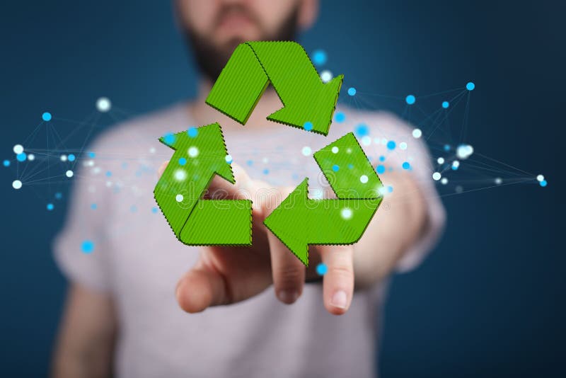 Person Pointing To a 3D Rendered Green Recycle Sign Stock Illustration ...