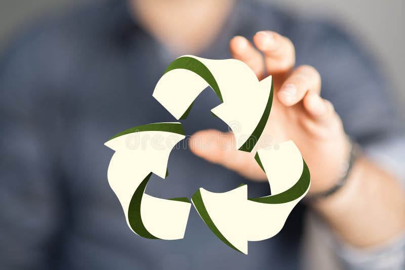 Person Pointing To a 3D Rendered Recycle Sign Stock Illustration ...
