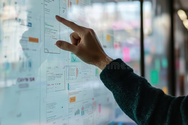 Person Pointing at Transparent Digital Screen Displaying Colorful Data ...