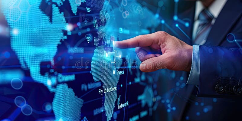 A Person is Pointing at a World Map on a Computer Screen Stock ...