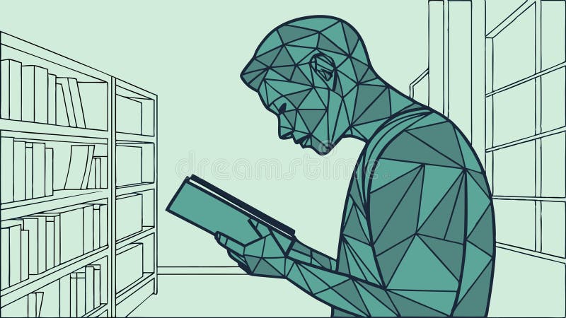 Person with Polygonal Head Reading in a Library. Vector Design ...