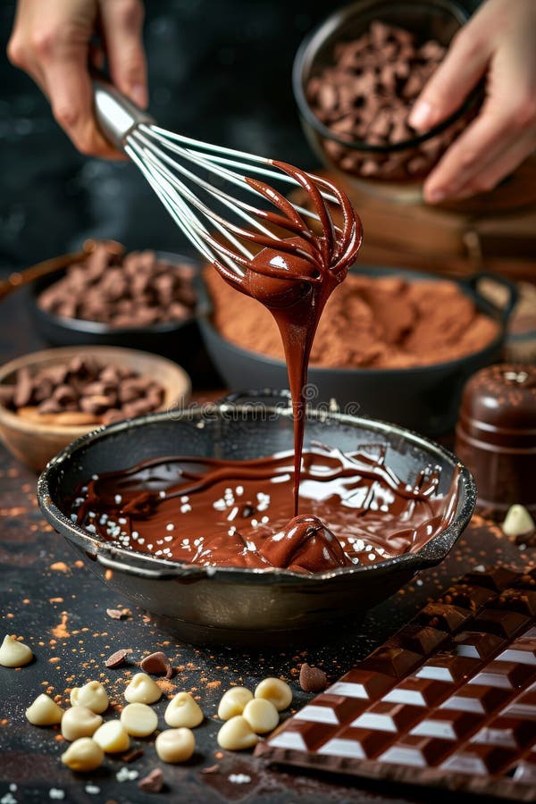 A Person Pouring Melted Chocolate into a Bowl Using a Metal Whisk Stock ...
