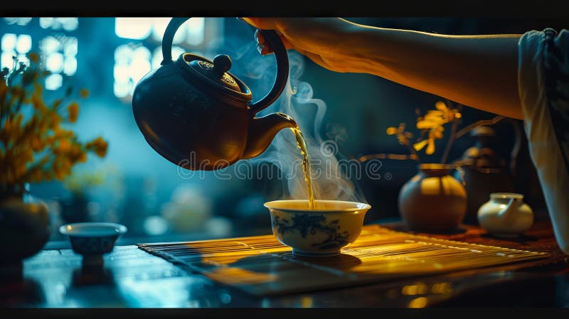 A Person Pouring Tea into a Cup Stock Photo - Image of coffee, steam ...