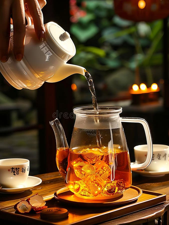 A Teapot Pouring Tea into a Cup on a Table Stock Photo - Image of table ...