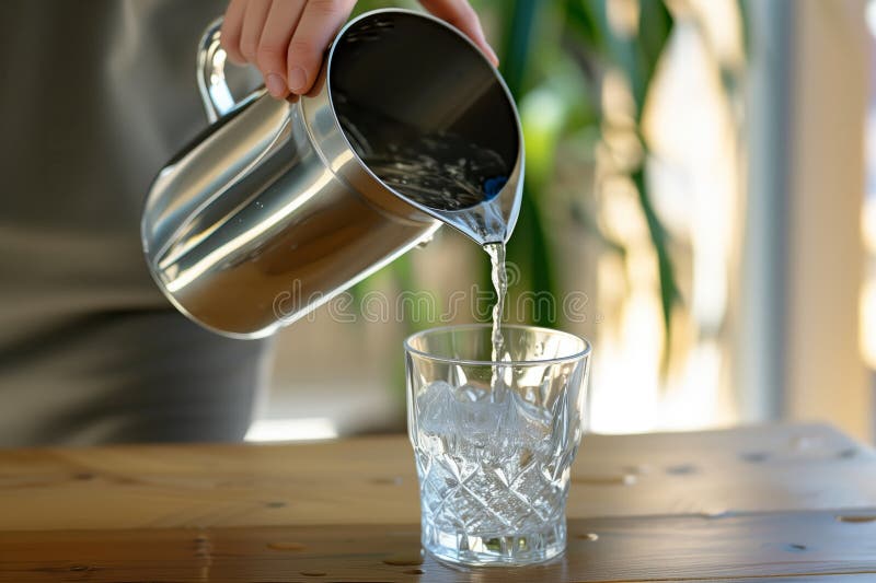 Person Pouring Water from a Silver Pitcher into a Glass Stock Photo ...