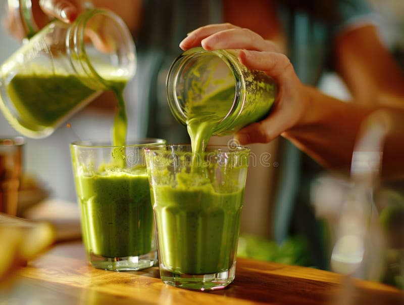 A Person Preparing Drinks by Mixing Green Liquid into Two Glasses Stock ...