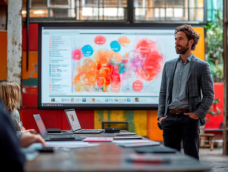 A Person Presenting at a Conference or Workshop, with Colorful Data ...