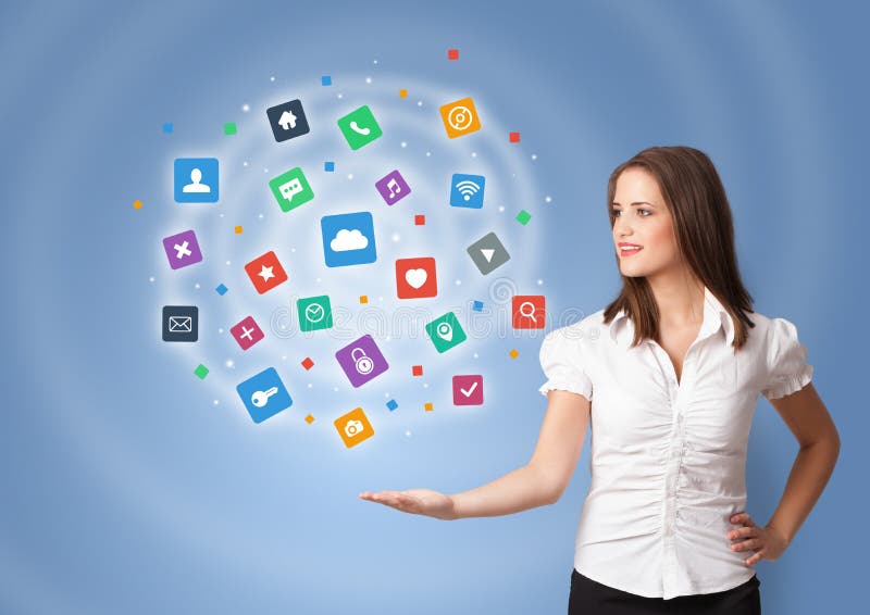 Person Presenting New Application Icons and Symbols Stock Image - Image ...