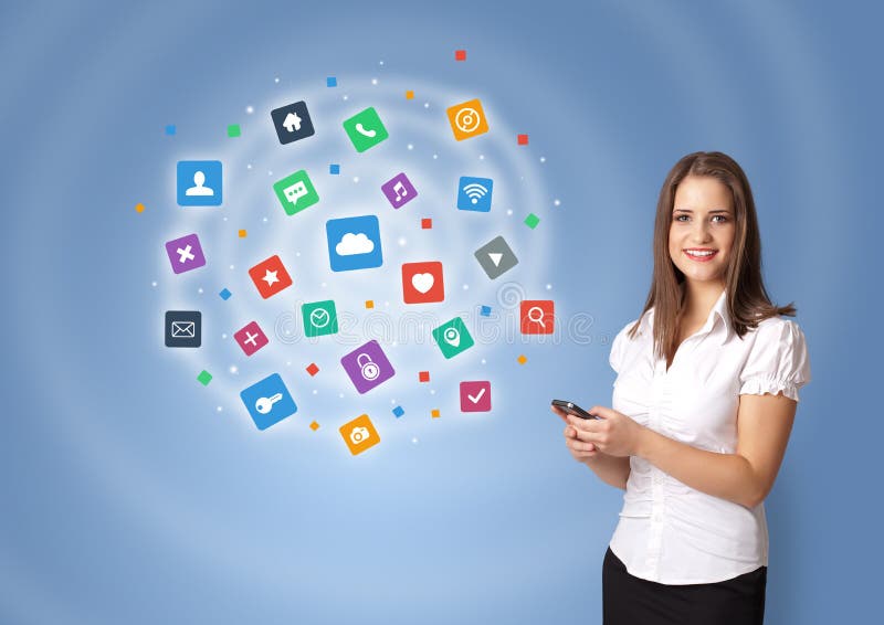 Person Presenting New Application Icons and Symbols Stock Image - Image ...