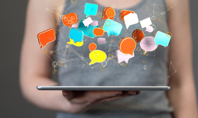 Person Presenting the Virtual Projection of Digital Speech Bubbles ...