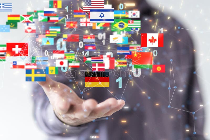 Person Presenting the Virtual Projection of International Country Flags ...