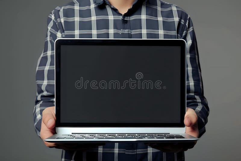 Person Presents a Laptop Computer with a Blank Screen, Offering Digital ...