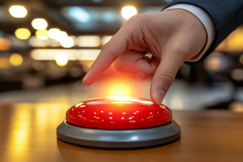 A Person Presses the Red Button Illuminated by a Red Light on the Table ...