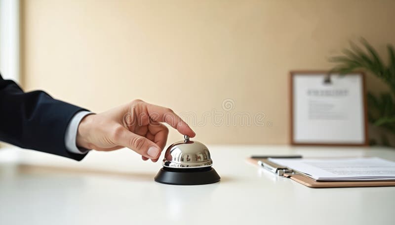 Person Presses Silver Service Bell. Gesture Shows Interaction Request ...