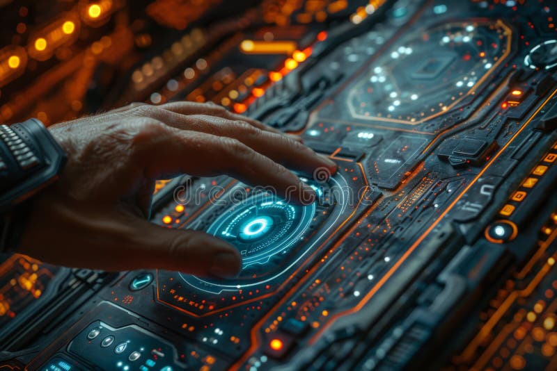 A Person Pressing a Button on a Futuristic Control Panel Stock Photo ...
