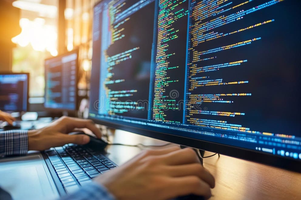 Programmer Coding On Computer Multiple Screens Software Development Work Stock Illustration