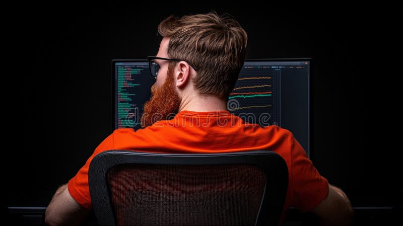 Person Programming on Computer with Coding Screens in Dark Environment ...