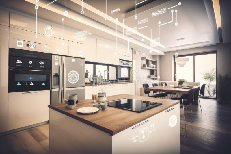 Person, Programming Smart Home System, with View of Futuristic Kitchen ...