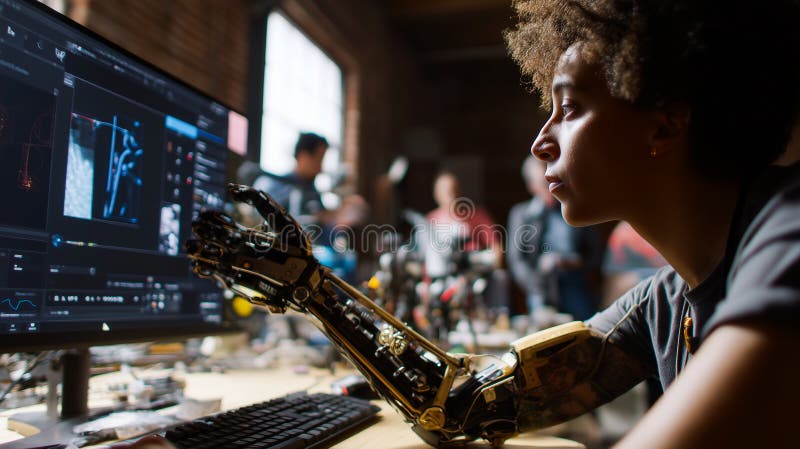 Person with a Prosthetic Arm Using 3D Modeling Software in a Creative ...