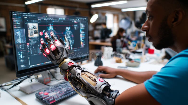 Person with a Prosthetic Arm Using 3D Modeling Software in a Creative ...