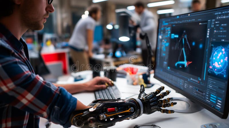 Person with a Prosthetic Arm Using 3D Modeling Software in a Creative ...