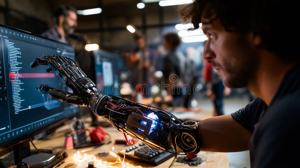 Person with a Prosthetic Arm Using 3D Modeling Software in a Creative ...