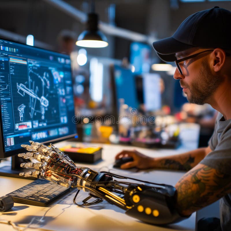 Person with a Prosthetic Arm Using 3D Modeling Software in a Creative ...