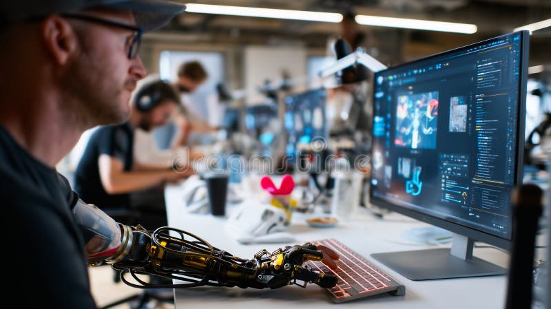 Person with a Prosthetic Arm Using 3D Modeling Software in a Creative ...