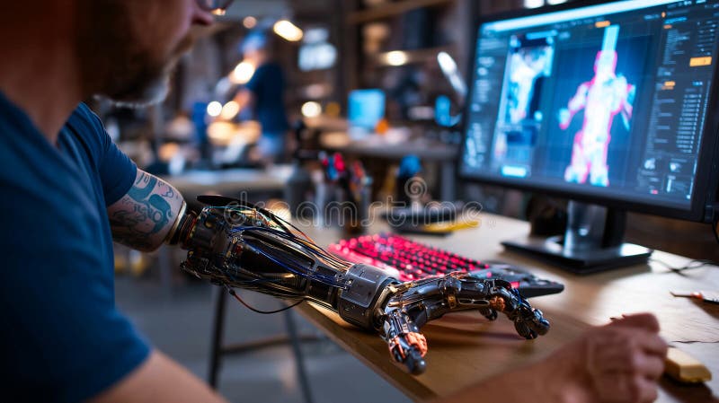 Person with a Prosthetic Arm Using 3D Modeling Software in a Creative ...