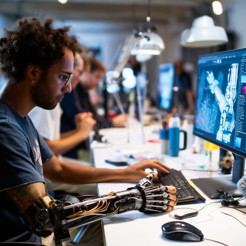 Person with a Prosthetic Arm Using 3D Modeling Software in a Creative ...