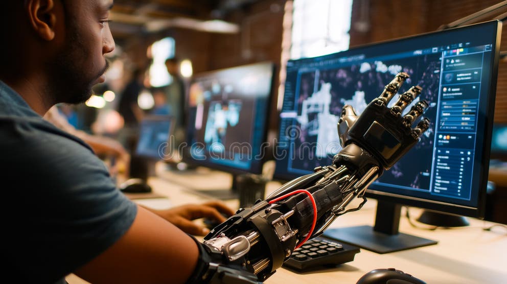 Person with a Prosthetic Arm Using 3D Modeling Software in a Creative ...