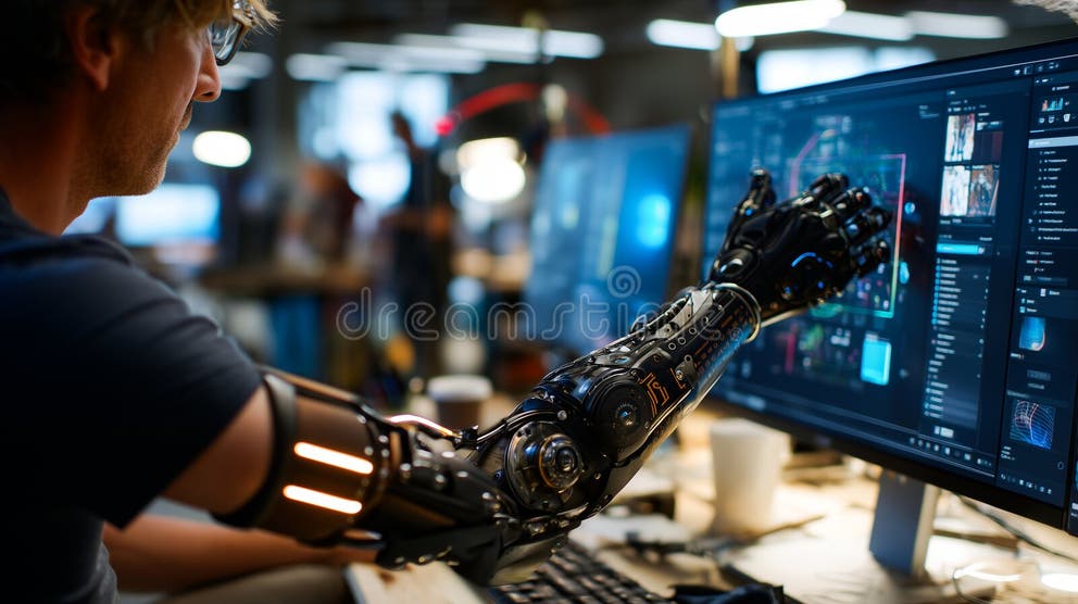 Person with a Prosthetic Arm Using 3D Modeling Software in a Creative ...