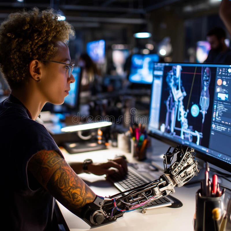 Person with a Prosthetic Arm Using 3D Modeling Software in a Creative ...