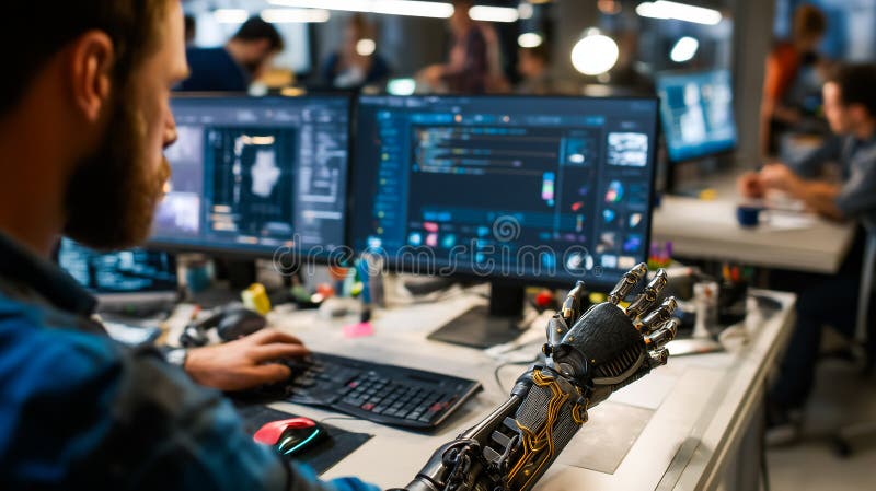Person with a Prosthetic Arm Using 3D Modeling Software in a Creative ...