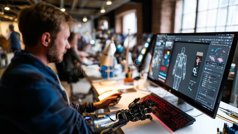 Person with a Prosthetic Arm Using 3D Modeling Software in a Creative ...