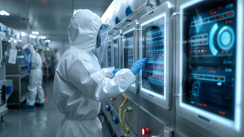 Person in Protective Suit Conducting Experiments in a High-Tech Lab ...