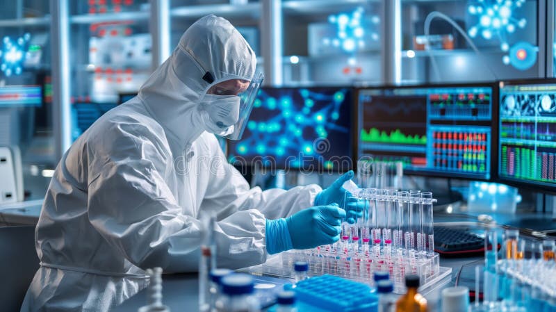 Person in Protective Suit Conducting Experiments in a High-Tech Lab ...