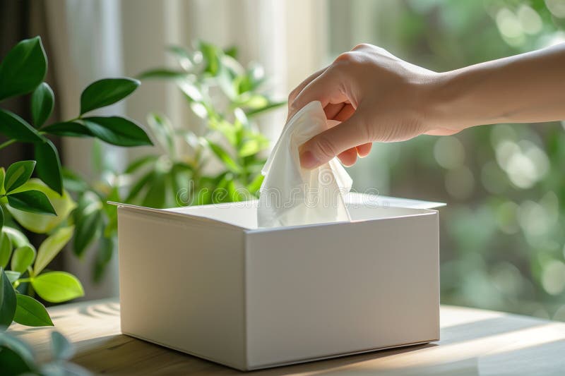 Person Pulling a Facial Tissue from a White Box on a Table Stock Photo ...