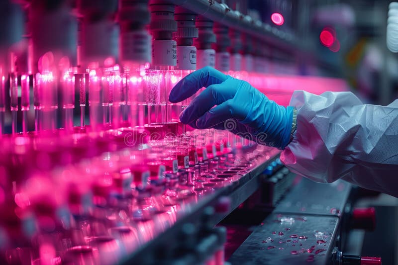 A Person in Purple Gloves Using Pink Technology in a Laboratory Stock ...