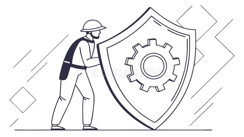 Person Pushing a Large Shield with Gear Icon for System Defense. Vector ...
