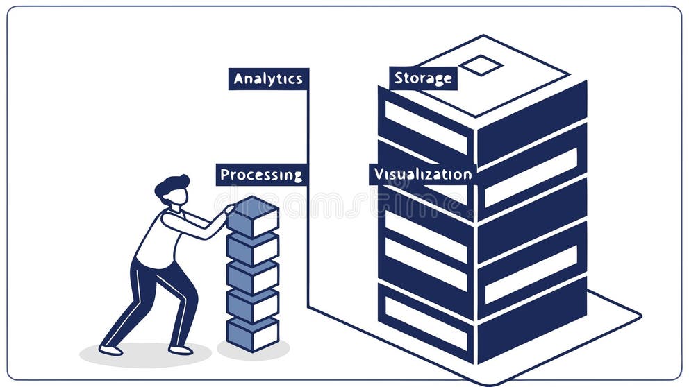 A Person Pushing a Large Stack of Data into a Server Rack System Vector ...