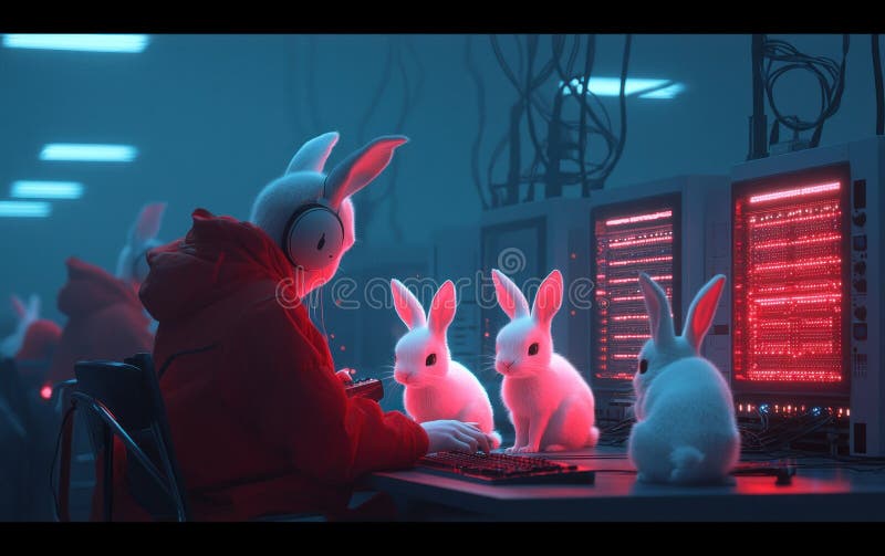 Person in Rabbit Mask Working at Computer with White Rabbits Stock ...